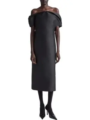 JIL SANDER Off The Shoulder Corset Silk & Wool Dress - Black