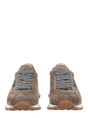Brunello Cucinelli Runner Sneakers In Suede Leather With Shiny Tab - Brown