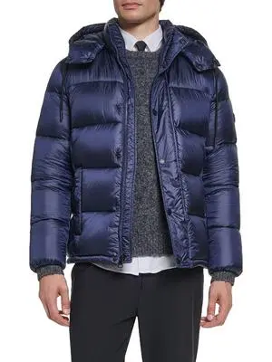 Karl Lagerfeld Paris Down Hooded Puffer Jacket - Navy