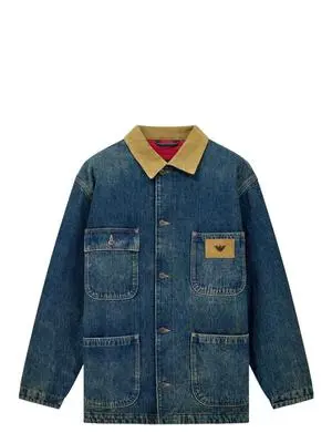 Emporio Armani Cotton Denim Jacket With Corduroy Collar And Patch Pockets Blue