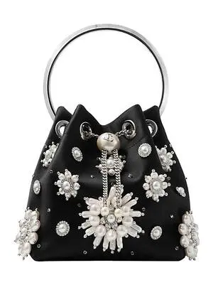 JIMMY CHOO Bon Bon Pearl-embellished Satin Top-handle Bag 1 Size Black/silver