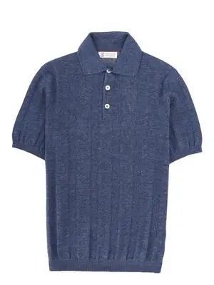 Brunello Cucinelli Linen Knit Polo Shirt In Linen-cotton Blend - Blue