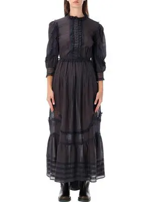 FORTELA Sheer Lace Trim Long Sleeve Maxi Dress - Nero