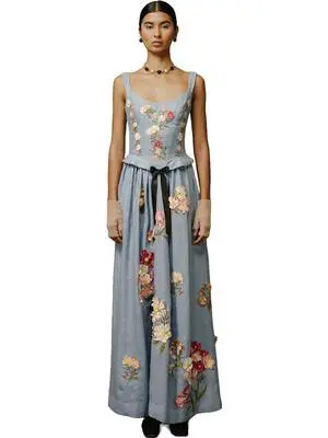 Agua Bendita Renacer Floral-applique Linen Maxi Dress - Light Blue