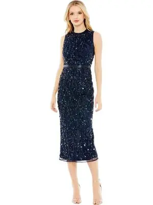 Mac Duggal Navy Sequined Sleeveless High Neck Midi Dress - Midnight