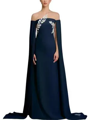 CRISTALLINI Kassandra Leaf-embellished Cape-sleeve Maxi Dress - Blue