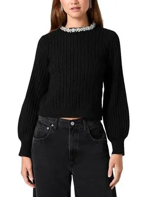 French Connection Avea Embellished Neck Cable Knit Sweater - Black