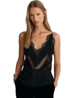 REISS Sisley Lace-trim Mesh-detail Cami Top - Black