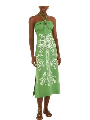 Farm Rio Palm-tree Embroidery Midi Dress - Green