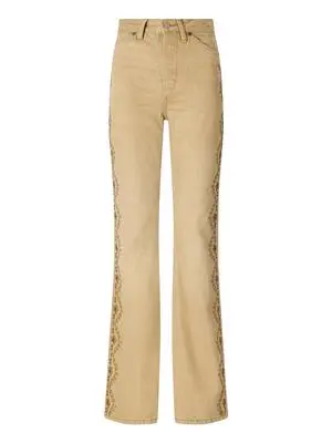 Ralph Lauren Floral-embroidered Cotton Flared Pants Tan