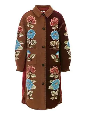 Farm Rio Floral-embroidered Blanket-stitch Coat - Brown