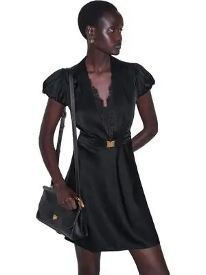 ME+EM Satin Draped Cocktail Mini Dress + Modesty Panel - Black