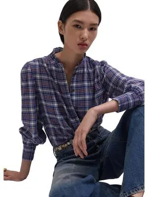 ME+EM Cotton Check Blouse - Blue Multi