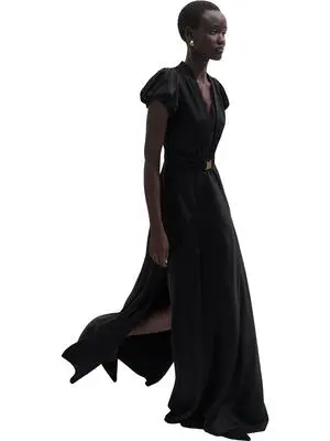 ME+EM Satin Draped Evening Full Length Dress + Modesty Panel - Black
