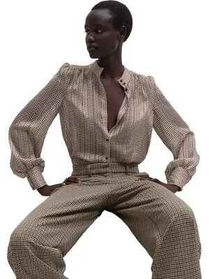 ME+EM Micro Foulard Print Blouse + Tie - Light Cream Multi