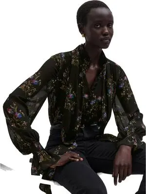 ME+EM Wild Winter Floral Print Blouse With Cami + Tie - Black Multi