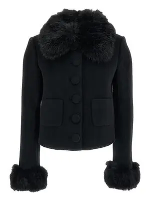 SELF-PORTRAIT Black Wool Fur Cuff Jacket - Multicolor
