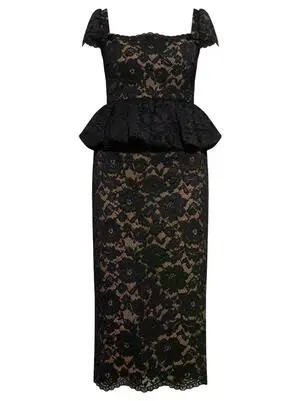 SELF-PORTRAIT Peplum-waist Lace-overlay Midi Dress - Black