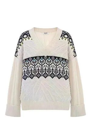 Liu Jo Jacquard Sweater With Jewel Embroidery Neutrals