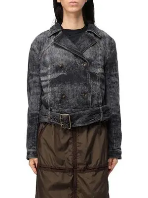 DIESEL® Cropped Abstract Print Biker Jacket In Worn-out Denim With Belt - Black