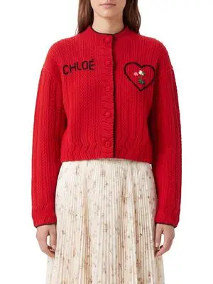 Chloé Wool And Cashmere Cardigan With Embroide Logo And Contrast Trims - Red