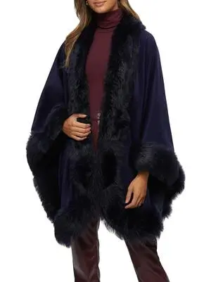 Gorski Cashmere Cape With Genuine Shearling Trim - Navy