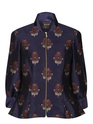 LIONESS BY TF Auburn Embroidered Raw Silk Fitted Jacket Blouse - Blue