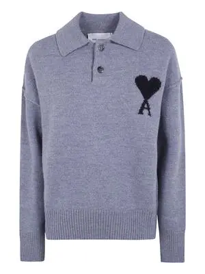 AMI Paris Polo Sweater Contrasted "quota De Coeur - Gray
