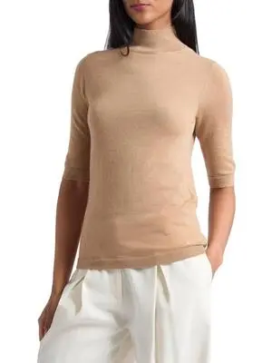 St. John Fine Gauge Cashmere Mock Neck Top - Camel