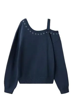 Mango Asymmetrical Off The Shoulder Cotton Sweater - Navy