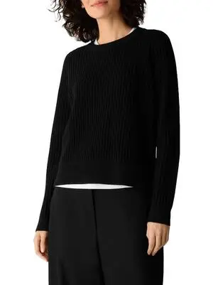 Eileen Fisher Crewneck Ribbed Wool Sweater - Black