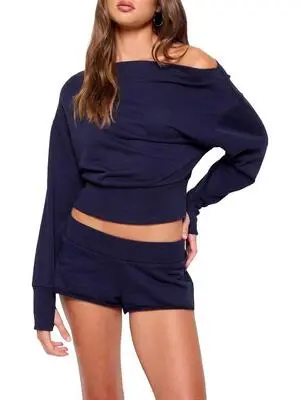 EDIKTED Hennie Off The Shoulder Sweatshirt - Navy