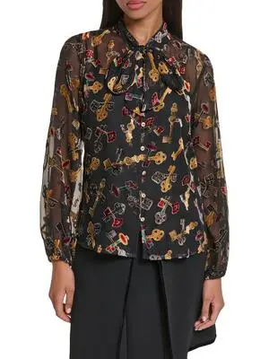 Karl Lagerfeld Paris Velvet Burnout Tie Neck Blouse - Black Multi