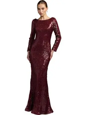 MAC DUGGAL Long Sleeve Cowl Back Sequin Gown