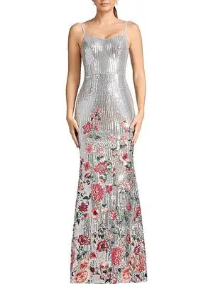 Dress The Population Giovanna Embellished Sequin Floral Mermaid Gown - Silver Multi