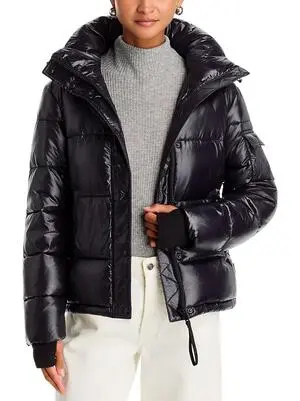 Aqua Ella Glossy Hooded Puffer Coat - Exclusive Jet