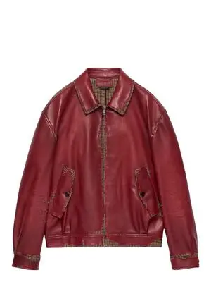 Prada Bonded Nappa Leather And Houndstooth Check Fabric Jacket - Ruby