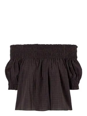 MATTEAU Shirred Off-the-shoulder Checked Cotton Blouse