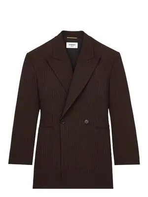 Saint Laurent Double-breasted Jacket In Chalk-stripe Wool Mélange - Maroon/beige