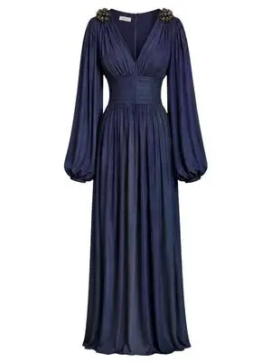BARUNI Layan Beaded-shoulder Pleated Maxi Dress - Blue