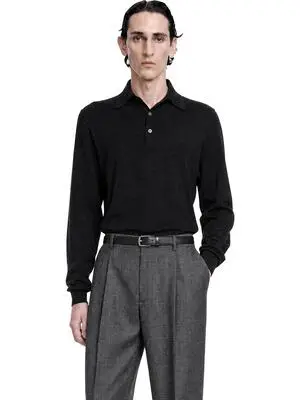 LARDINI Wool-silk Long Sleeve Polo - Black