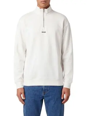 Hugo Cotton High-neck Half-zip Sweatshirt With Contrast Logo - Ivory