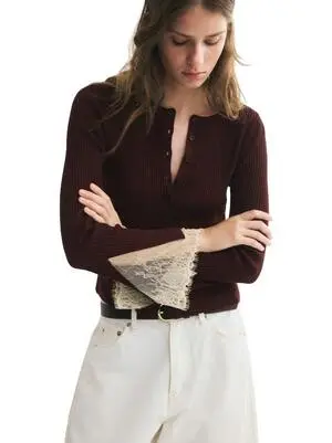 H&M Lace-trimmed Rib-knit Cardigan - Rust Brown