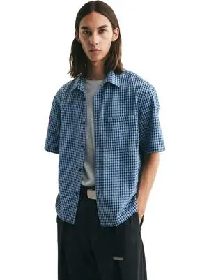 H&M Relaxed-fit Short-sleeved Shirt - Light Blue/checked