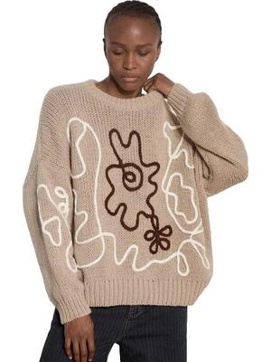 APRICOT Abstract Cornelli Flower Chunky Jumper - Stone