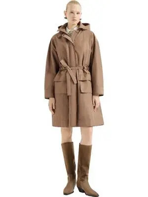 Brunello Cucinelli Techno Cotton Taffeta Coat With Detachable Hood And Shiny Zipper Pull - Camel