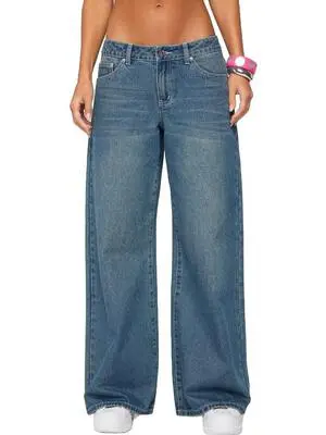 EDIKTED Contrast Stitch Low Rise Baggy Jeans - Medium-blue-washed