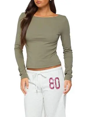 EDIKTED Savi Boat Neck Stretch Cotton Blend Top - Olive