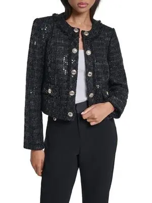 Karl Lagerfeld Paris Sequin Collarless Jacket - Black