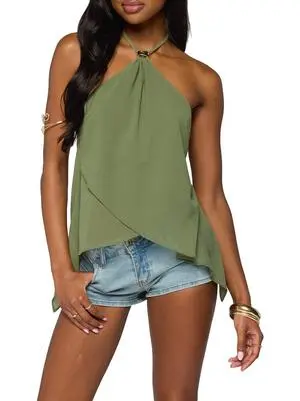 EDIKTED Split Open Back Chiffon Halter Top - Olive